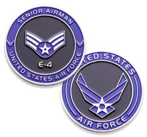 air force senior airman e4 challenge coin! united states air force senior airman rank military coin. e-4 usaf challenge coin! designed by military veterans - officially licensed product!