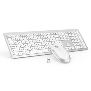 full size slim thin wireless keyboard and mouse combo with numeric keypad with on/off switch - white & silver