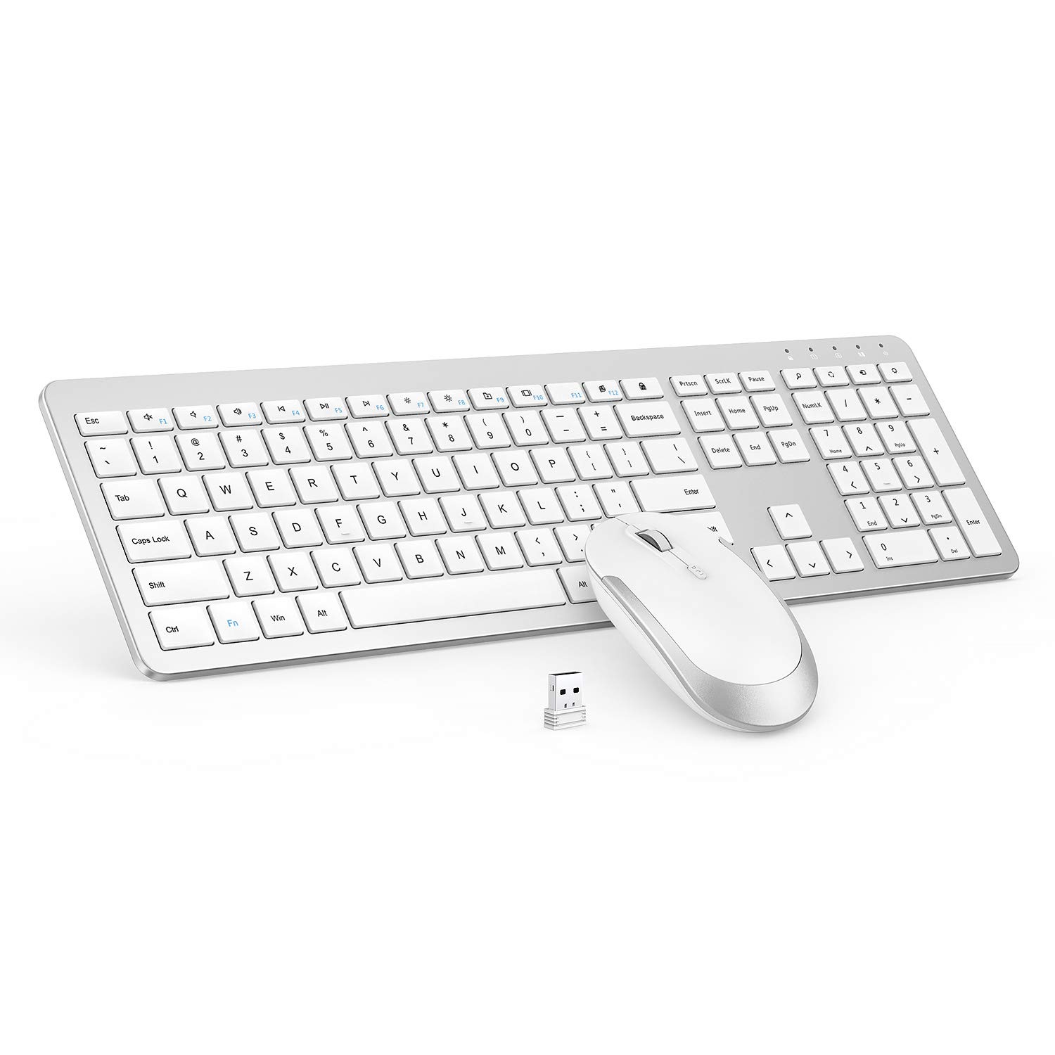 Full Size Slim Thin Wireless Keyboard and Mouse Combo with Numeric Keypad with On/Off Switch - White & Silver