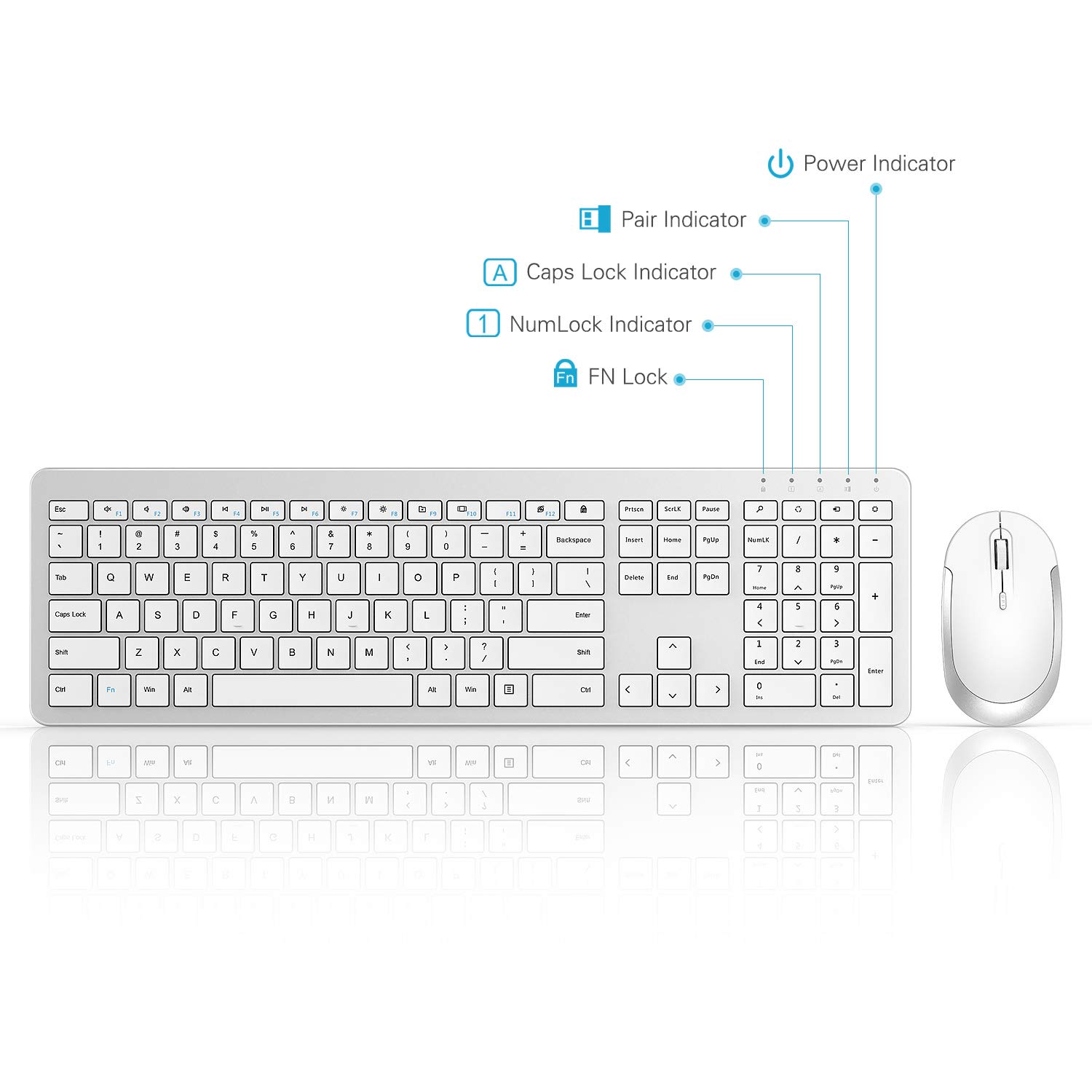 Full Size Slim Thin Wireless Keyboard and Mouse Combo with Numeric Keypad with On/Off Switch - White & Silver