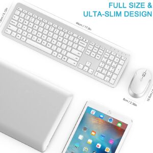 Full Size Slim Thin Wireless Keyboard and Mouse Combo with Numeric Keypad with On/Off Switch - White & Silver