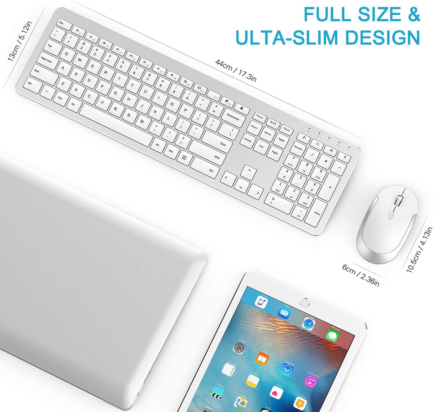 Full Size Slim Thin Wireless Keyboard and Mouse Combo with Numeric Keypad with On/Off Switch - White & Silver