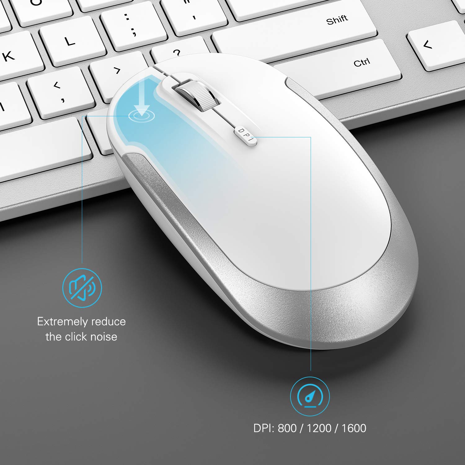 Full Size Slim Thin Wireless Keyboard and Mouse Combo with Numeric Keypad with On/Off Switch - White & Silver