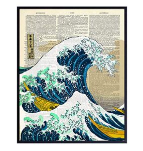 wave off kanagawa japanese wall art print on dictionary photo - ready to frame (8x10) vintage photo - great gift for surfers - cool home decor