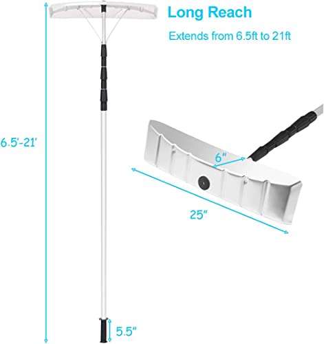 Goplus Roof Snow Rake, 21' Telescopic Aluminum Snow Removal Tool Shovel with 6" x 25" Blade & Twist-N-Lock for Snow Leaves Debris Car