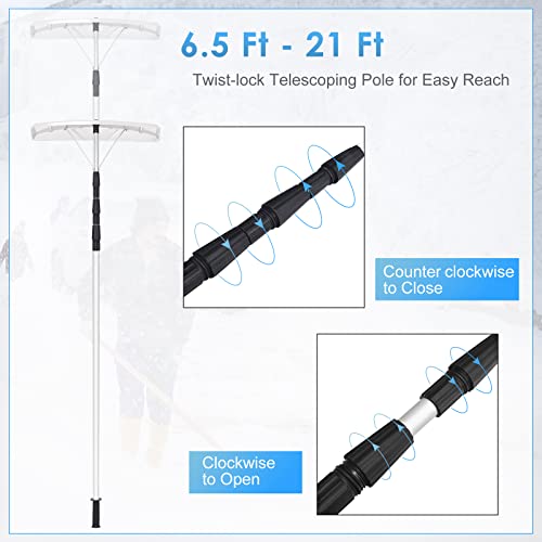 Goplus Roof Snow Rake, 21' Telescopic Aluminum Snow Removal Tool Shovel with 6" x 25" Blade & Twist-N-Lock for Snow Leaves Debris Car