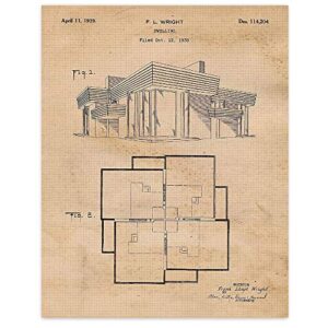 vintage frank l wright house design patent prints, 1 (11x14) unframed photos, wall art decor gifts under 20 for home office garage man cave engineer college student teacher architect construction fans