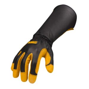 dewalt premium leather welding gloves, fire/heat resistant, gauntlet-style cuff, elastic wrist, medium