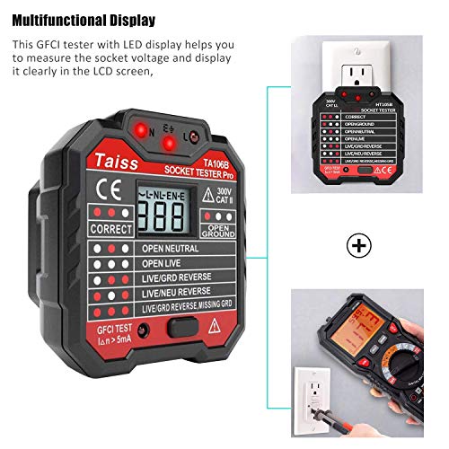 Taiss GFCI Outlet Tester New Advanced Receptacle Tester with Voltage Display 48-250V Power Socket Automatic Electric Circuit Polarity Voltage Detector Wall Plug Breaker Finder CAT II 300V TA106B