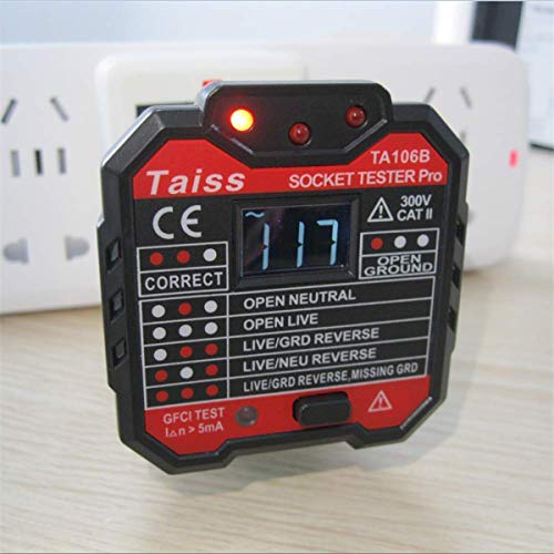 Taiss GFCI Outlet Tester New Advanced Receptacle Tester with Voltage Display 48-250V Power Socket Automatic Electric Circuit Polarity Voltage Detector Wall Plug Breaker Finder CAT II 300V TA106B