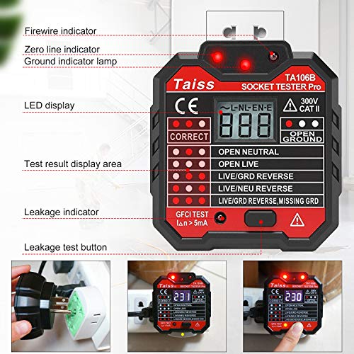 Taiss GFCI Outlet Tester New Advanced Receptacle Tester with Voltage Display 48-250V Power Socket Automatic Electric Circuit Polarity Voltage Detector Wall Plug Breaker Finder CAT II 300V TA106B