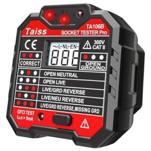 Taiss GFCI Outlet Tester New Advanced Receptacle Tester with Voltage Display 48-250V Power Socket Automatic Electric Circuit Polarity Voltage Detector Wall Plug Breaker Finder CAT II 300V TA106B