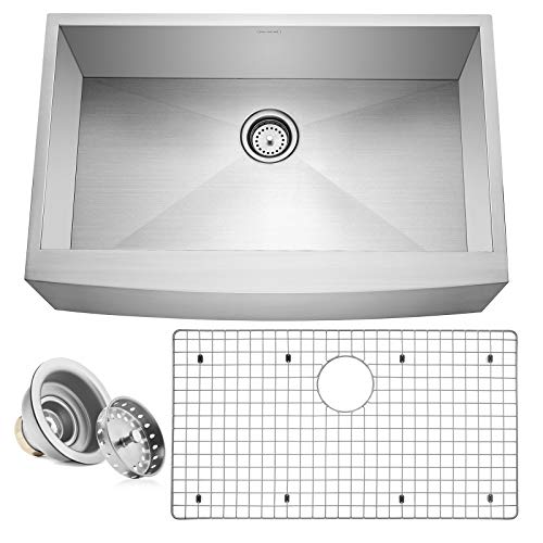 Miligoré 33" x 21" x 10" Deep Single Bowl Farmhouse Apron Zero Radius 16-Gauge Stainless Steel Kitchen Sink - Includes Drain/Grid