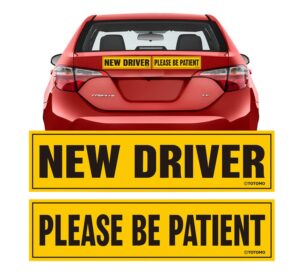 totomo new driver magnet for car sign – large 12”x3” magnetic reflective vehicle safety for student rookie learner drivers removable bumper sticker please be patient