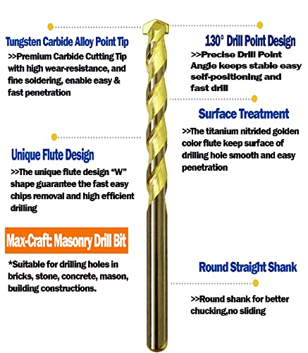 Masonry Drill Bit Set 1/8 in. Carbide Tip Golden Flute Drill Concrete Rock-10Pcs