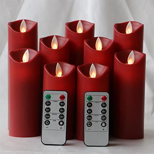 Kitch Aroma Red flameless Candles, Red Candles Battery Operated LED Pillar Candles with Moving Flame Wick with Remote Timer,Pack of 9