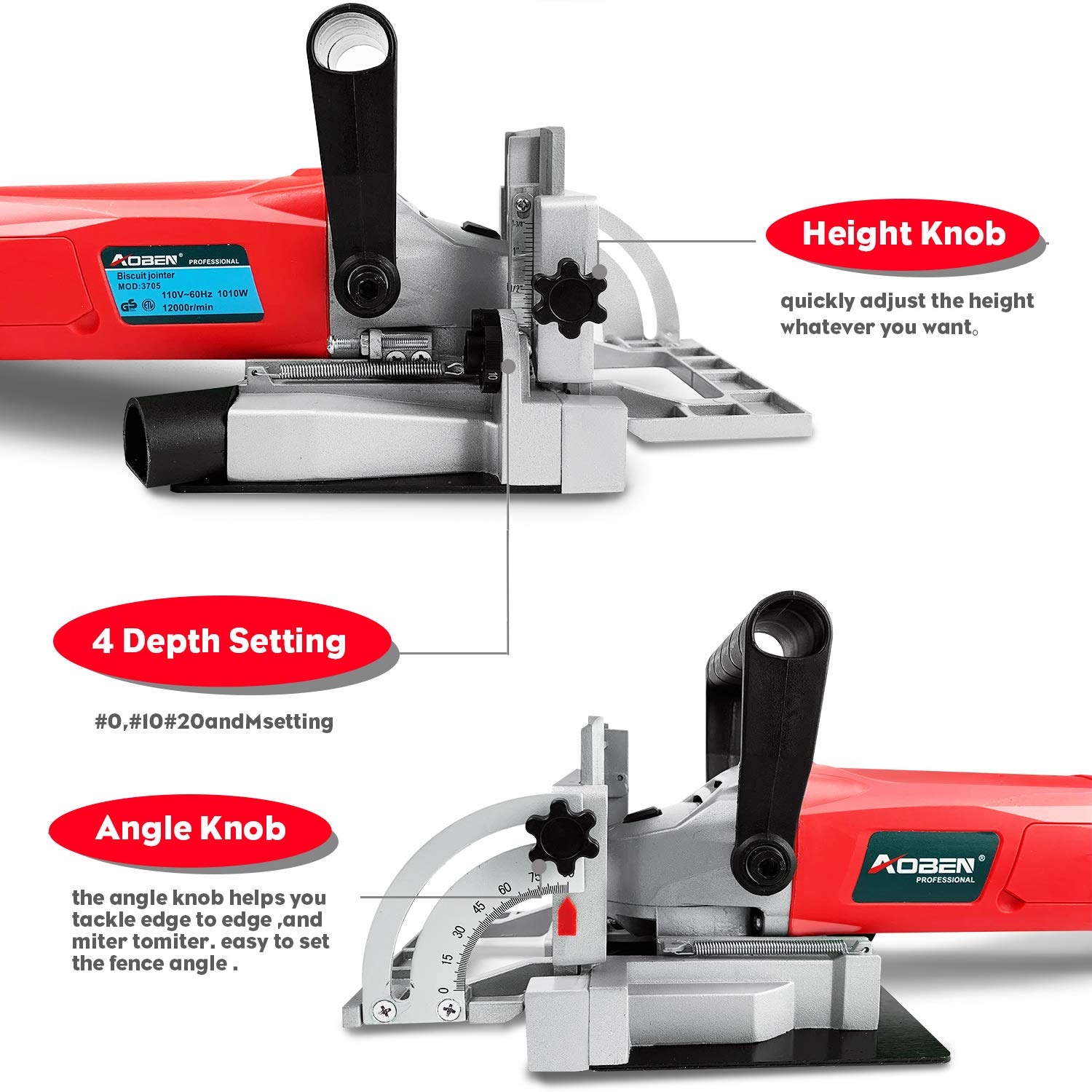 AOBEN 8.5 Amp Biscuit Cutter Plate Joiner with No. 0 Wood(30 Pcs) No. 10 Wood(30 Pcs) No. 20 Wood(50 Pcs), 4" Tungsten Carbide Tipped Blade, Adjustable Angle and Dust Bag