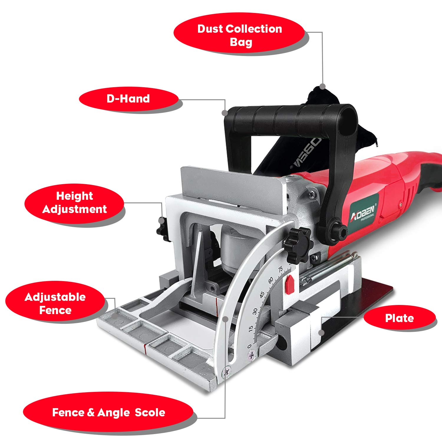 AOBEN 8.5 Amp Biscuit Cutter Plate Joiner with No. 0 Wood(30 Pcs) No. 10 Wood(30 Pcs) No. 20 Wood(50 Pcs), 4" Tungsten Carbide Tipped Blade, Adjustable Angle and Dust Bag