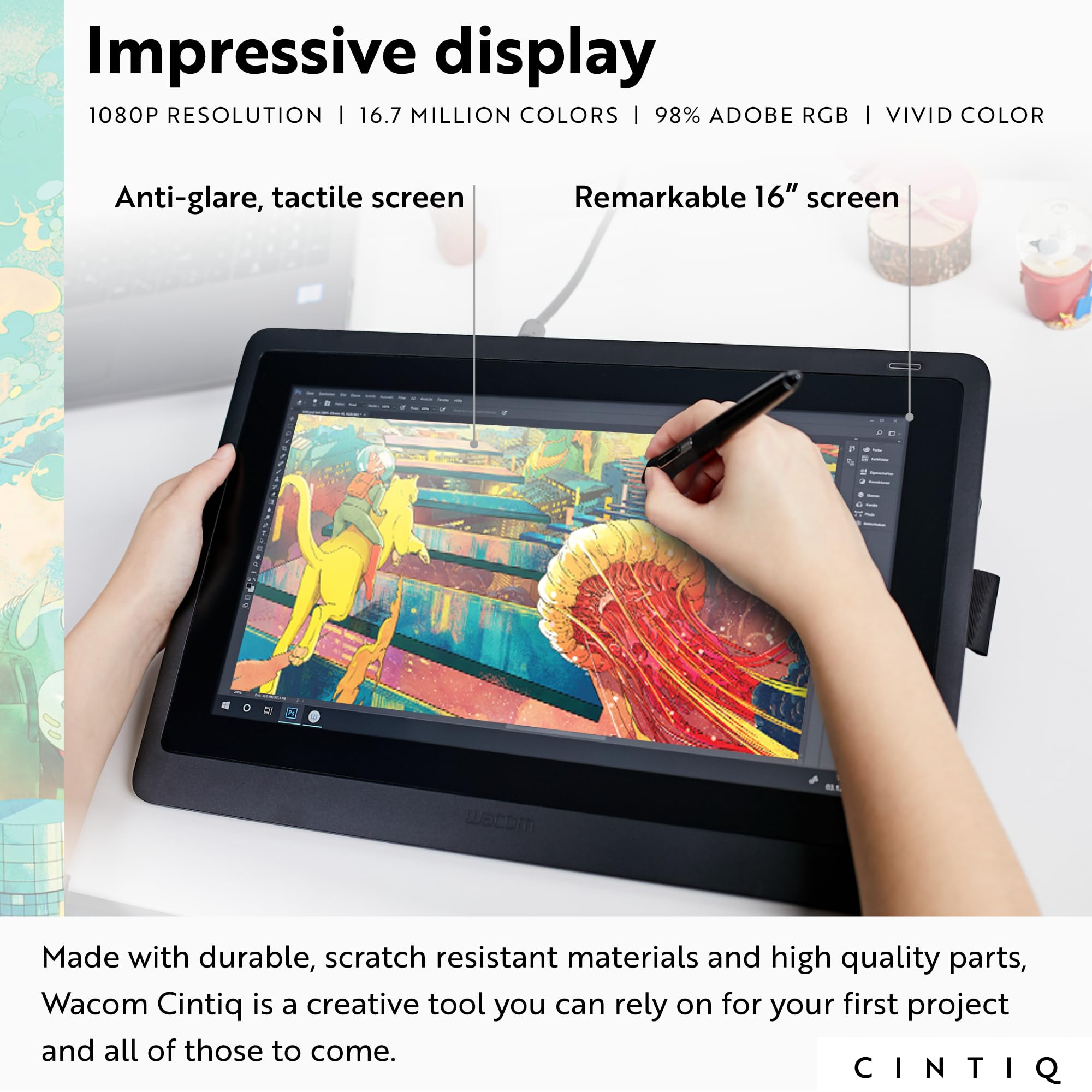 Wacom Cintiq 16 Drawing Tablet with Full HD 15.4-Inch Display Screen, 8192 Pressure Sensitive Pro Pen 2 Tilt Recognition, Compatible with Mac OS Windows and All Pens, Black