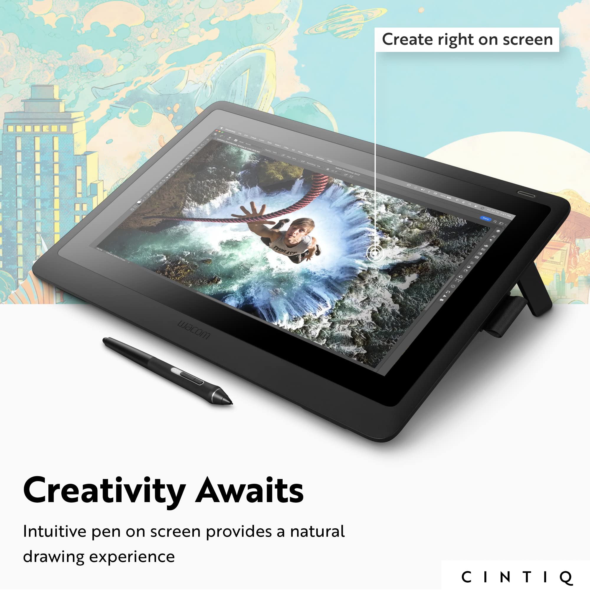 Wacom Cintiq 16 Drawing Tablet with Full HD 15.4-Inch Display Screen, 8192 Pressure Sensitive Pro Pen 2 Tilt Recognition, Compatible with Mac OS Windows and All Pens, Black