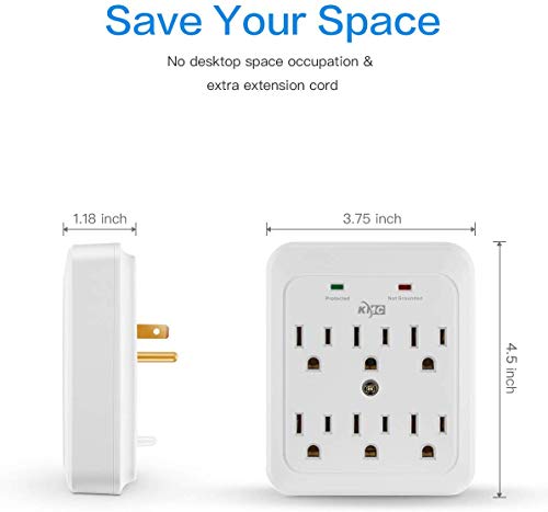 KMC Wall Surge Protector, 980 Joule, 6-Outle Wall Plug Adapter Power Strip, White