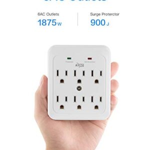 KMC Wall Surge Protector, 980 Joule, 6-Outle Wall Plug Adapter Power Strip, White