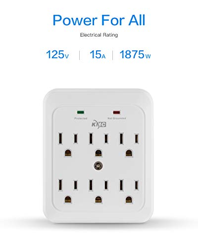 KMC Wall Surge Protector, 980 Joule, 6-Outle Wall Plug Adapter Power Strip, White