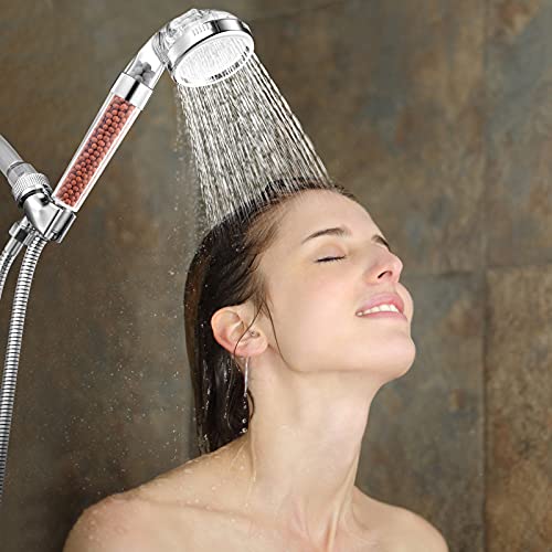 Filtered Shower Head with Mineral Stone Beads Filter, 3 Settings Handheld Spray Ecowater Spa Shower, High Pressure Water Saving Showerhead with Hose, Bracket and PP Cotton Filter Replacement