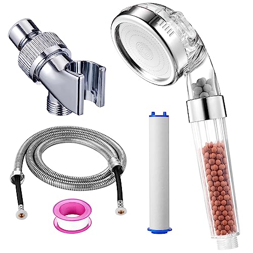 Filtered Shower Head with Mineral Stone Beads Filter, 3 Settings Handheld Spray Ecowater Spa Shower, High Pressure Water Saving Showerhead with Hose, Bracket and PP Cotton Filter Replacement