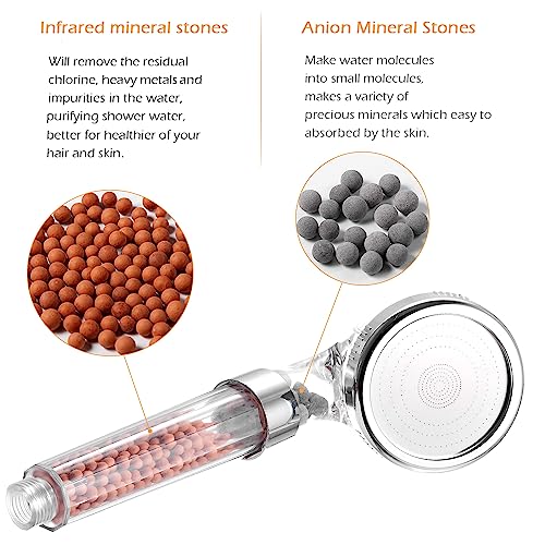 Filtered Shower Head with Mineral Stone Beads Filter, 3 Settings Handheld Spray Ecowater Spa Shower, High Pressure Water Saving Showerhead with Hose, Bracket and PP Cotton Filter Replacement