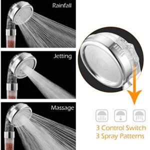 Filtered Shower Head with Mineral Stone Beads Filter, 3 Settings Handheld Spray Ecowater Spa Shower, High Pressure Water Saving Showerhead with Hose, Bracket and PP Cotton Filter Replacement