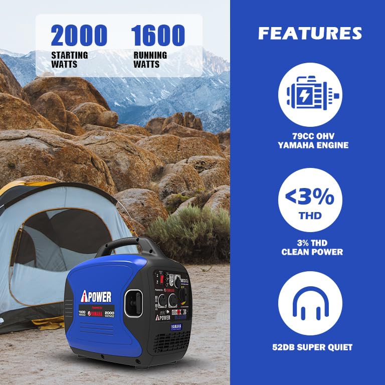 A-iPower Portable Inverter Generator, 2000W Ultra-Quiet Powered By Yamaha Engine RV Ready, EPA Compliant, Ultra Lightweight For Backup Home Use, Tailgating & Camping (SC2000i)