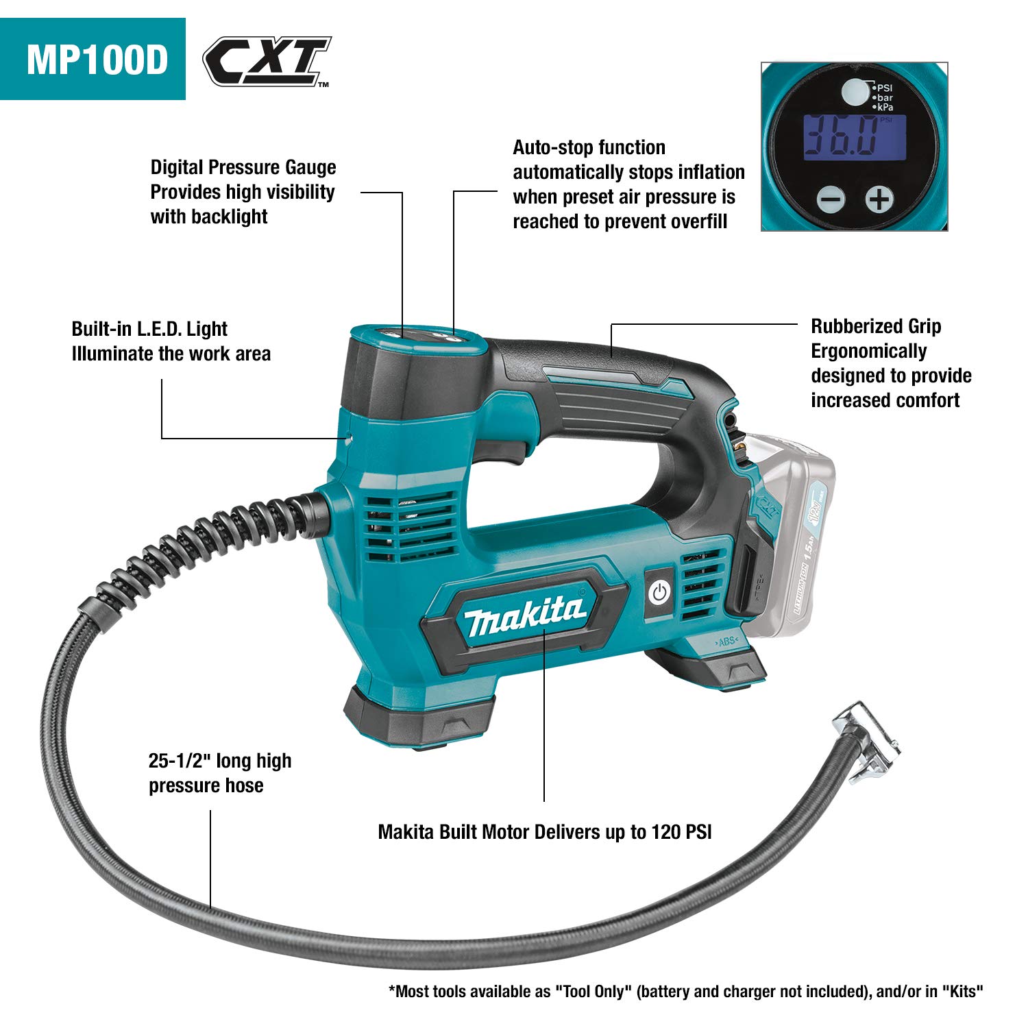 Makita MP100DZ 12V max CXT® Lithium-Ion Cordless Inflator, Bare Tool Only