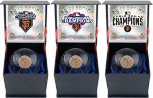 san francisco giants 2010, 2012, and 2014 mlb world series champions 3 crystal baseball bundle with game-used world series dirt - mlb game used baseballs