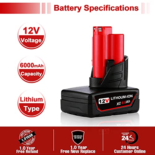 VANTTECH Upgraded 2Pack 12V 6.0Ah Lithium Replacement for Milwaukee 12V Battery 48-11-2420 48-11-2440 48-11-2402 48-11-2411 Compatible with Milwaukee 12Volt Cordless Power Tools