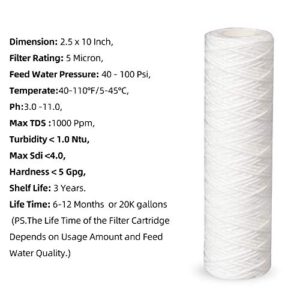 Geekpure 10 Inch PP Wound String Spun Sediment Replacement Filter for Reverse Osmosis System- 2.5" x 10"-5 Micron-4 Pack