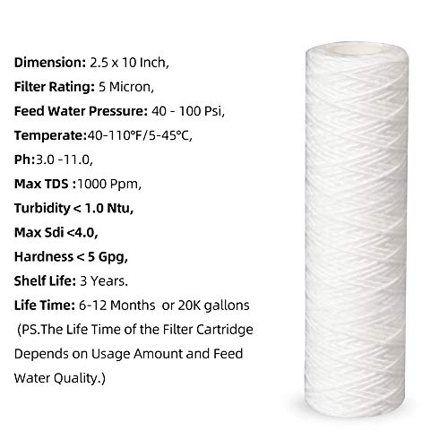 Geekpure 10 Inch PP Wound String Spun Sediment Replacement Filter for Reverse Osmosis System- 2.5" x 10"-5 Micron-4 Pack