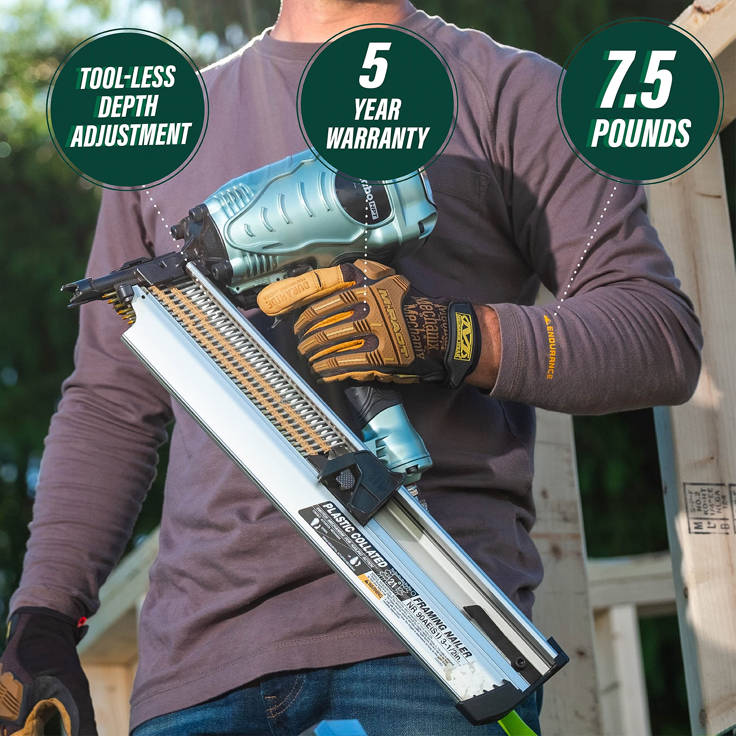 Metabo HPT Framing Nailer, The Pro Preferred Brand of Pneumatic Nailers*, 21° Magazine, Accepts 2" to 3-1/2" Framing Nails, (NR90AES1)