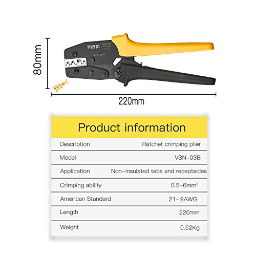 Fryic Ratchet Crimping Plier VSN-03B Used for 21-9 AWG (Similar to 0.5-6 mm²) Non-Insulated Tabs and Receptacles Ratchet Crimping Tool