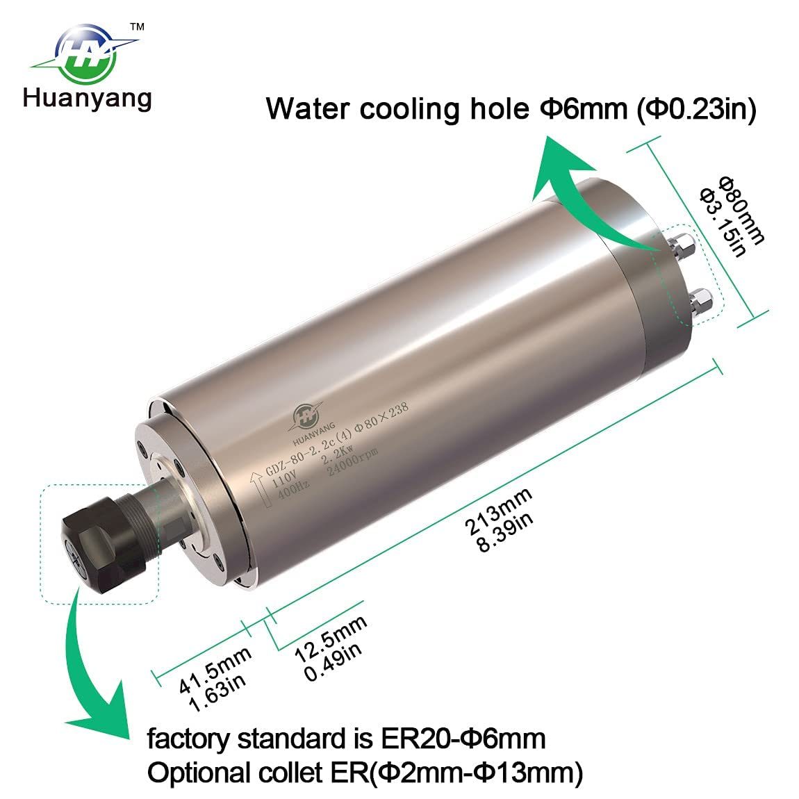 Huanyang Water Cooled CNC Spindle Milling Motor 110V 2.2KW 24000RPM 400hz Φ80mm ER20 Collet for Engraving Machine