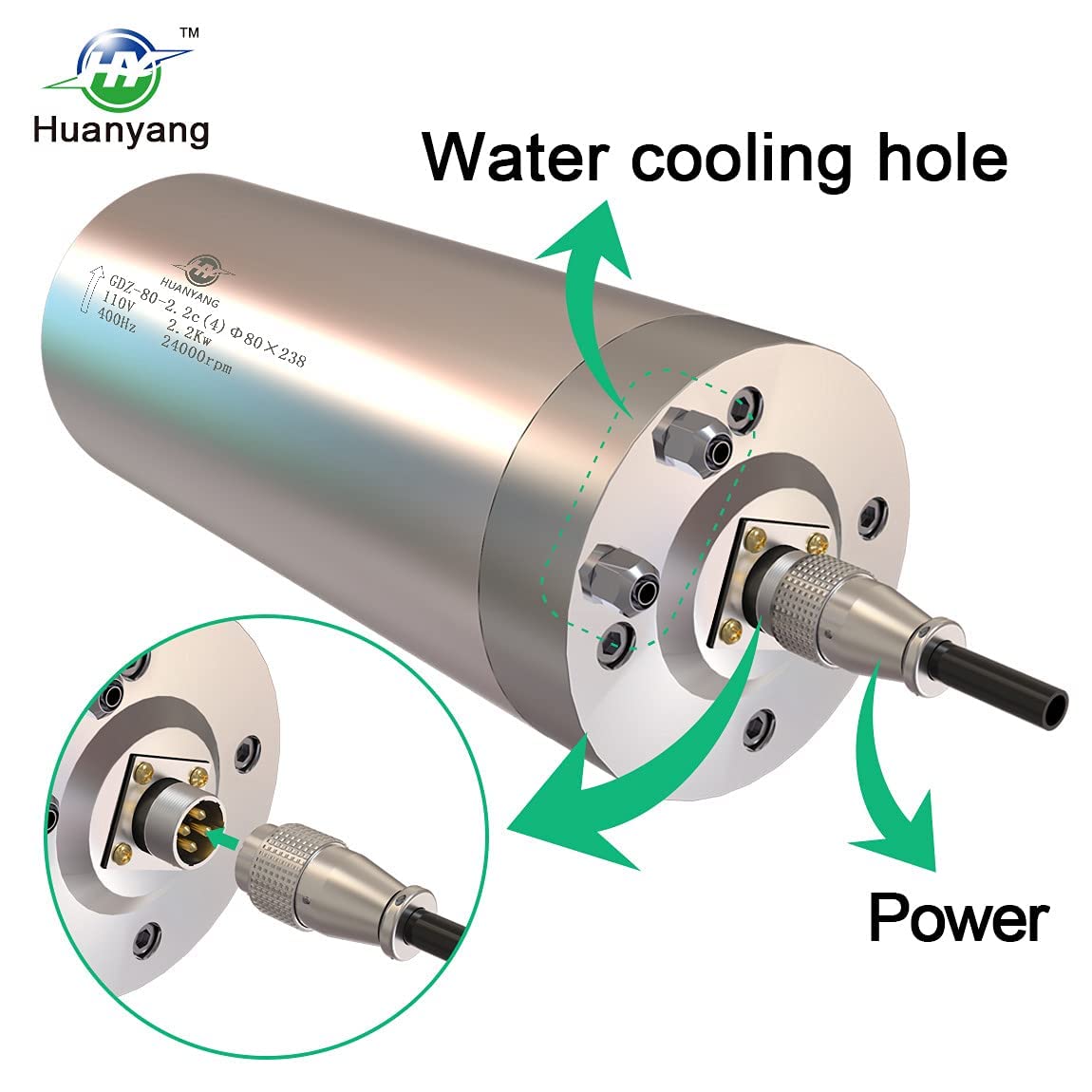 Huanyang Water Cooled CNC Spindle Milling Motor 110V 2.2KW 24000RPM 400hz Φ80mm ER20 Collet for Engraving Machine