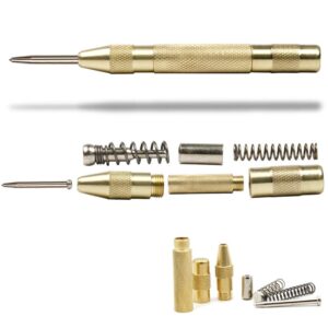 PAMISO 2 Pack Automatic Center Punch, Pamiso 5.1 Inch Spring Loaded Drill Punch Tool,Brass Window Spring Punch Tool, Fixed Point & Car Window Glasses Break