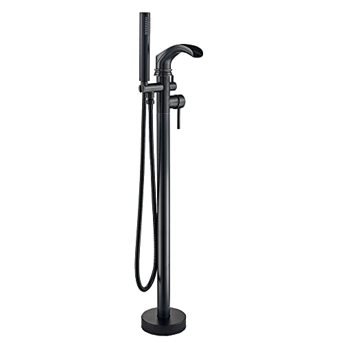 Votamuta Modern Dual Function Floor Mount Tub Filler Freestanding Bathtub Faucet Oil Rubbed Bronze Waterfall High Flow Standing Tub Faucets With Hand Shower Head Mixer Taps