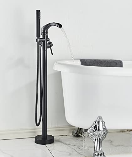 Votamuta Modern Dual Function Floor Mount Tub Filler Freestanding Bathtub Faucet Oil Rubbed Bronze Waterfall High Flow Standing Tub Faucets With Hand Shower Head Mixer Taps