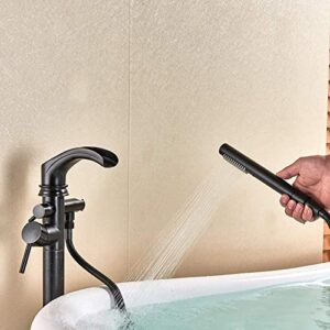 Votamuta Modern Dual Function Floor Mount Tub Filler Freestanding Bathtub Faucet Oil Rubbed Bronze Waterfall High Flow Standing Tub Faucets With Hand Shower Head Mixer Taps