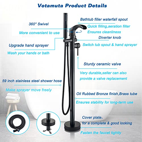 Votamuta Modern Dual Function Floor Mount Tub Filler Freestanding Bathtub Faucet Oil Rubbed Bronze Waterfall High Flow Standing Tub Faucets With Hand Shower Head Mixer Taps