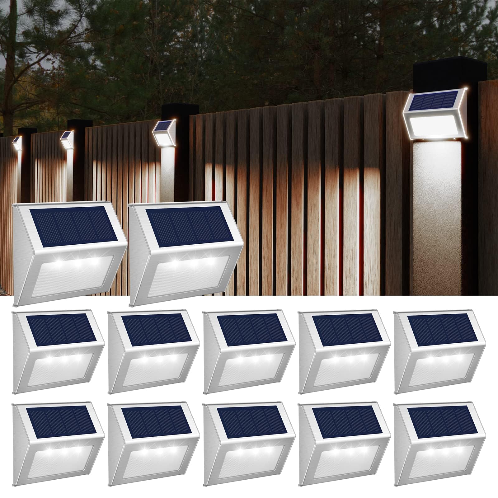 JSOT Solar Outdoor Lights, 12 Pack Solar Fence Lights, Deck Lights, Solar Powered Waterproof Outside Lighting for Garden Backyard Patio Yard Stair Step Wall Railing Post, Cool Light