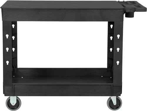 Global Industrial Industrial Service & Utility Cart, Plastic 2 Flat Black Shelf, 44” x 25-1/2”, 5" Rubber Casters