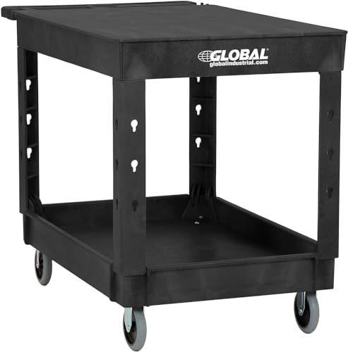 Global Industrial Industrial Service & Utility Cart, Plastic 2 Flat Black Shelf, 44” x 25-1/2”, 5" Rubber Casters