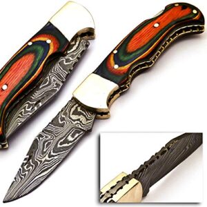 skokie knives custom hand made damascus steel hunting folding knife handle pakka wood